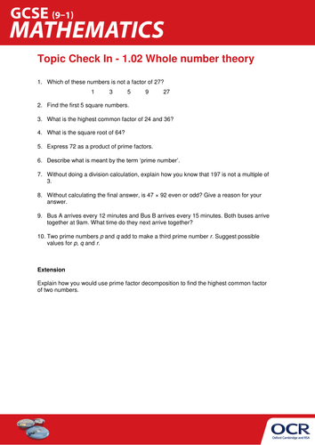 OCR Maths: Initial learning for GCSE - Check In Test 1.02 Whole number ...