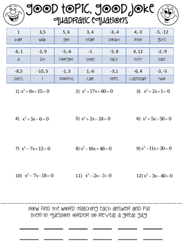 Quadratic equations collect a joke | Teaching Resources