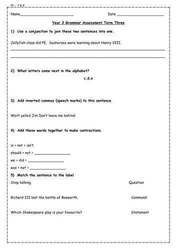 SPaG assessment yr3 | Teaching Resources