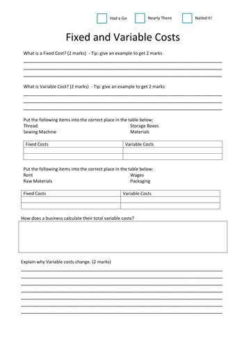 Fixed And Variable Costs Btec First Business Teaching Resources
