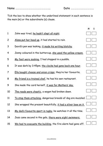 Main and subordinate clauses worksheet | Teaching Resources Main and subordinate clauses worksheet | Teaching Resources