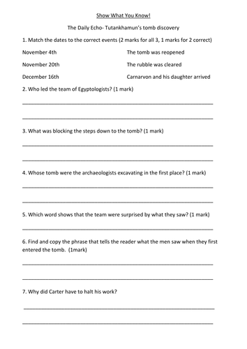 Tutankhamen newspaper article comprehension | Teaching Resources