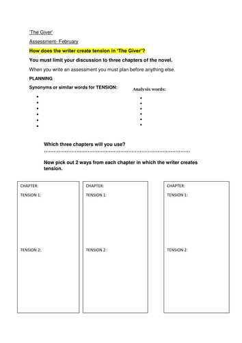 Novel Assessment Framework. Writing scaffold. 'The Giver' focused but ...