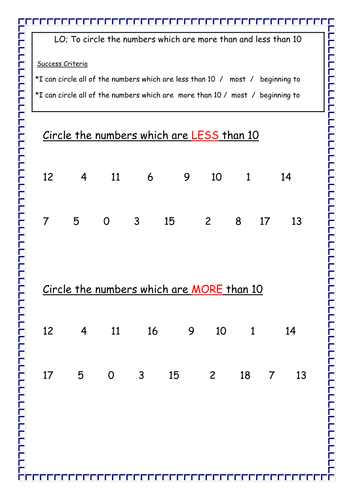 Circle the given numbers which are more than and less than ten ...