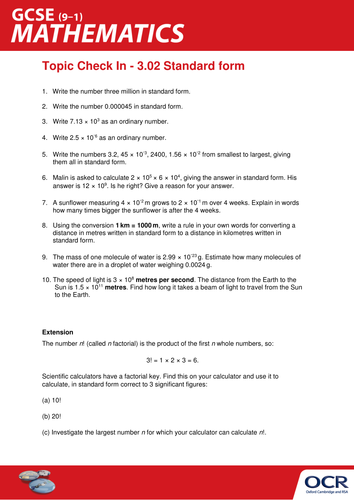 OCR Maths: Initial learning for GCSE - Check In Test 3.02 Standard form ...