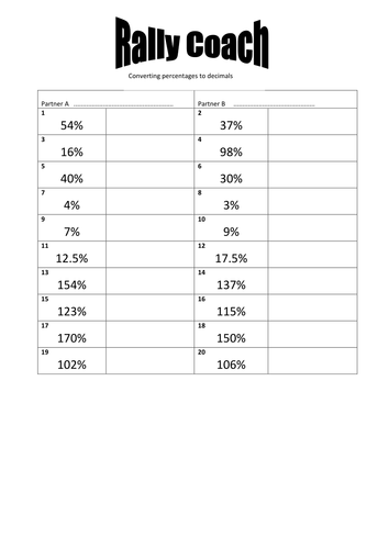 Converting percentages to decimals Rally Coach | Teaching Resources