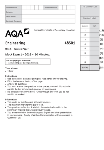 AQA GCSE Engineering Mock Exam 1 | Teaching Resources AQA GCSE Engineering Mock Exam 1 | Teaching Resources