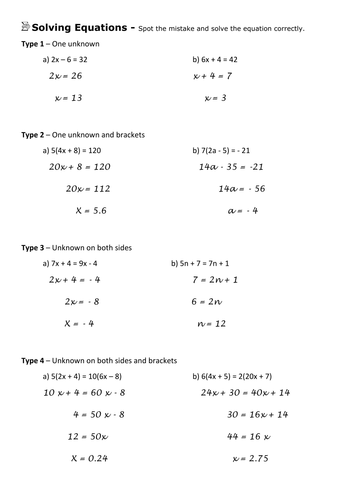 Spot the mistake - Solving Equations by whistleandsums - Teaching ...