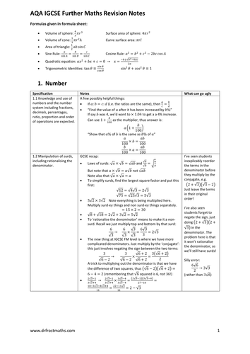 Aqa Igcse Further Maths Revision Notes Teaching Resources