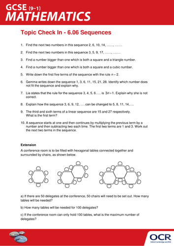 OCR Maths: Initial learning for GCSE - Check In Test 6.06 Sequences ...