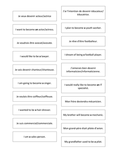 French - English Matching Cards: Jobs/ Professions Teaching Resources ...