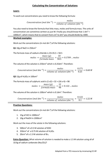 Chemistry: Concentrations of Solutions | Teaching Resources