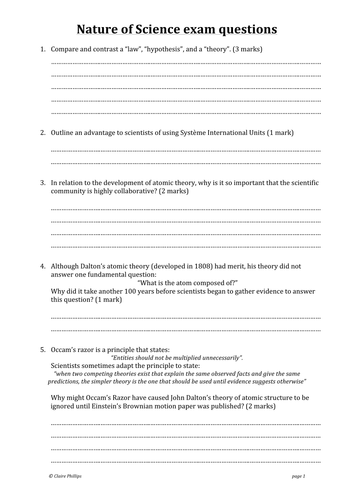 Nature of Science Exam Questions by clairephilly | Teaching Resources