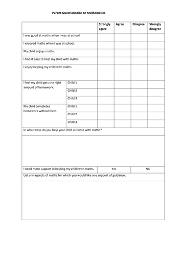 Mathematics Parent Questionnaire | Teaching Resources