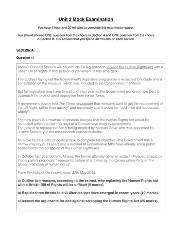 A Level - Unit 2 mock exam and sample answers | Teaching Resources