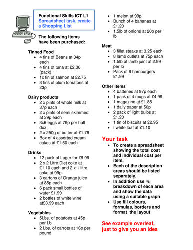 Functional skills ICT spreadsheet task | Teaching Resources