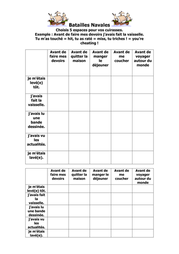 French Teaching Resources. Battleships Game/ Lotto Grid: Pluperfect ...