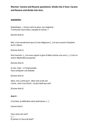 French Teaching Resources. Cyrano De Bergerac. Quotations Warmer ...