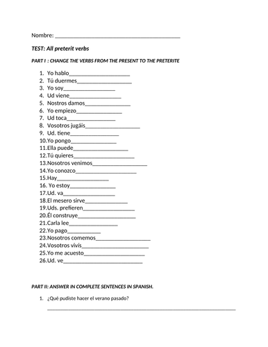 Preterit test all verbs Spanish | Teaching Resources