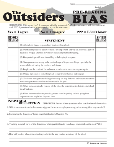 OUTSIDERS PreReading Bias Activity by CreatedforLearning | Teaching ...
