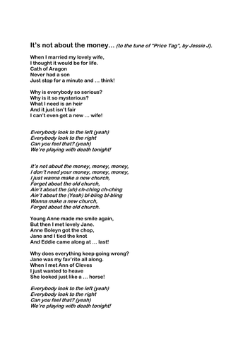 Henry VIII song: It's not about the money! by suebleazard - Teaching ...