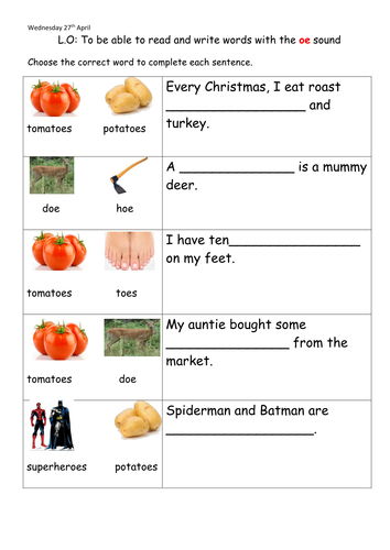 Worksheet for oe phoneme | Teaching Resources