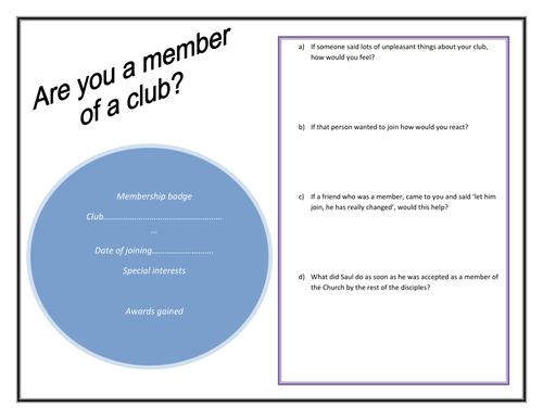 Conversion of Saul 'Club' activity worksheet | Teaching Resources