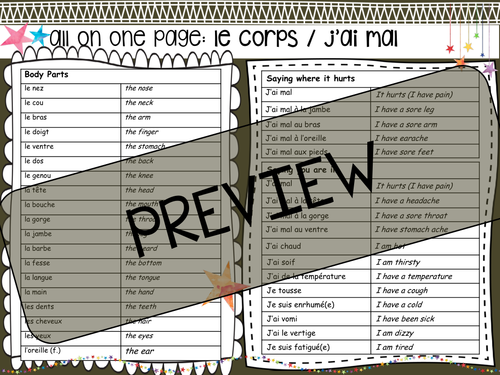 French Vocabulary Mat: Body parts and Illness | Teaching Resources