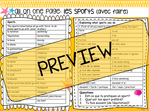 French Vocabulary Mat: Sports (with faire) (plus sports mini book ...