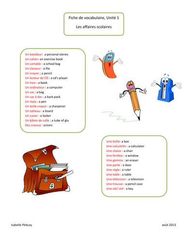 Fiche de vocabulaire, les affaires scolaires, Encore Tricolore1, unité ...