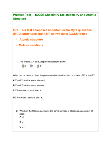 Igcse Chemistry Practice Test Atomic Structure And Moles Teaching Resources