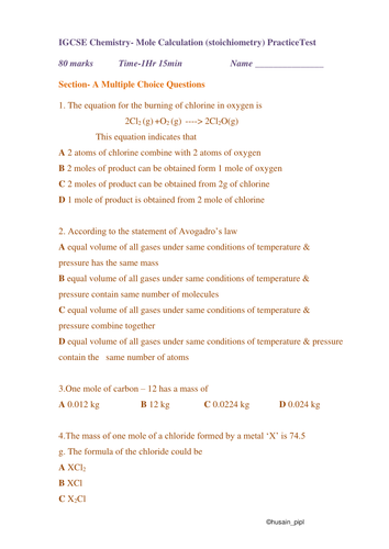Revision Test /Practice sheet/Mole-Calculation-Limiting-reagent_yield ...