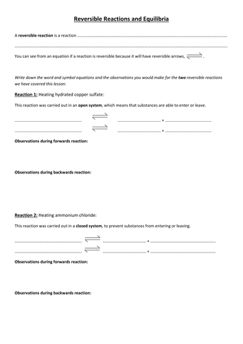 GCSE Reversible Reactions and Equilibria: Notes and Questions ...