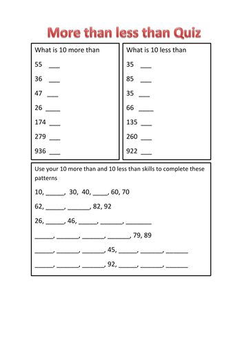 10 more than or 10 less than test (10) by SQUIDLEY - Teaching Resources ...