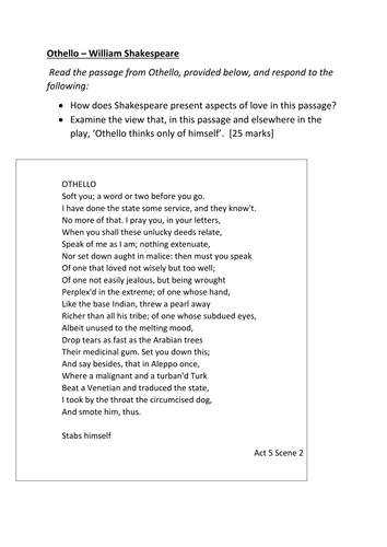 Othello extract question - AQA A LTA new spec | Teaching Resources