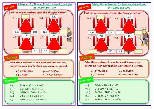 Missing numbers - the equals sign - multiplying and dividing by 10, 100 ...