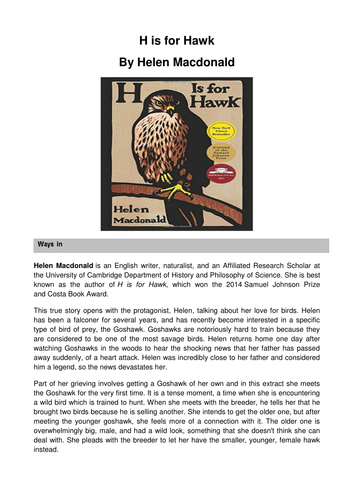 H is for Hawk by Helen Macdonald - Notes, Questions and Tasks ...