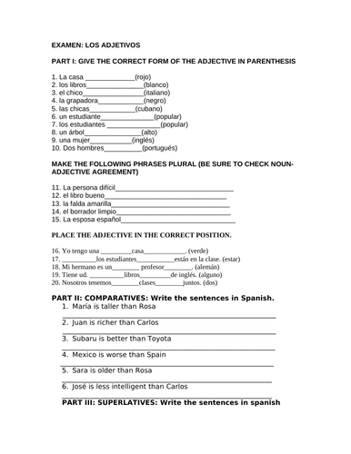 adjective test spanish | Teaching Resources