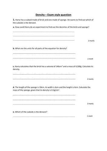 Density questions for maths GCSE by - UK Teaching Resources - TES
