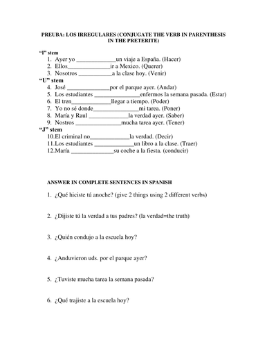 irregular preterite quiz | Teaching Resources