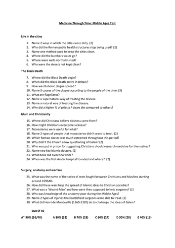 Medicine Through Time: Midle Ages Test | Teaching Resources