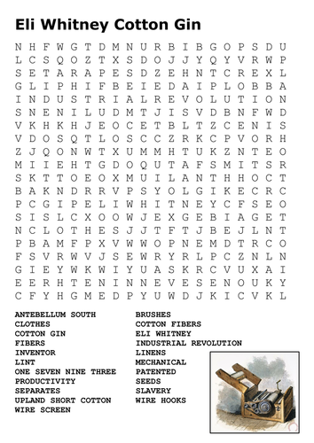 Eli Whitney Cotton Gin Word Search | Teaching Resources