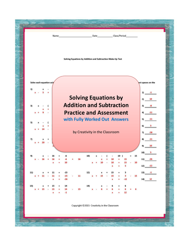 Solving Equations by Addition and Subtraction Practice and Assessment ...