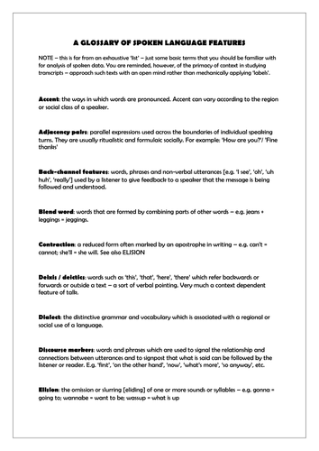 Glossary of Linguistic Terms / Features of / for Spoken Language - E.g ... Glossary of Linguistic Terms / Features of / for Spoken Language - E.g ...