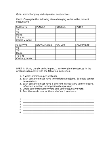 subjunctive stem change verbs quiz | Teaching Resources