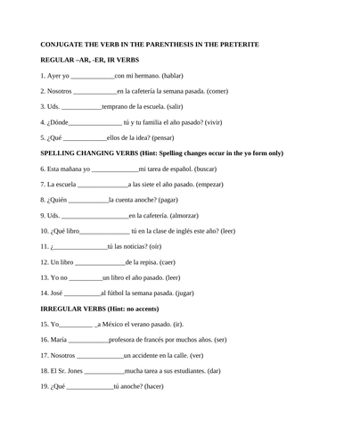 preterit verbs practice | Teaching Resources
