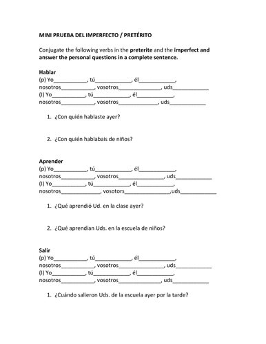 preterit imperfect review quiz | Teaching Resources