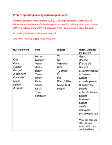 irregular preterite verbs speaking activity | Teaching Resources