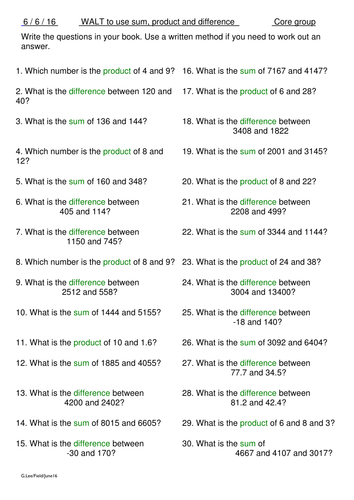 Product, sum and difference, Maths questions | Teaching Resources Product, sum and difference, Maths questions | Teaching Resources
