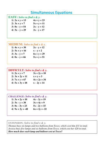 Simultaneous Equations - Differentiated | Teaching Resources Simultaneous Equations - Differentiated | Teaching Resources